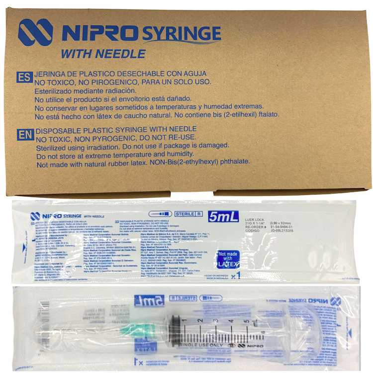 Jeringa de plástico 5 ml con aguja 21×32. Caja con 100 piezas NIPRO | WEB | REGALCOM