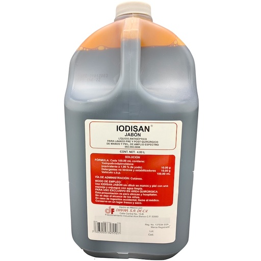 Antiséptico base de yodo polivinil pirrolidona, Iodopovidona Jabón envase con 4 Litros Iodisan ...